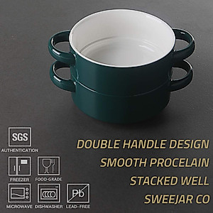 Sweejar Ceramic Soup Bowls with Double Handles, 20 Oz Stacked Bowls for French Onion Soup, Cereal, Pot Pies, Stew, Chill, Pasta, Set of 4 (Jade)