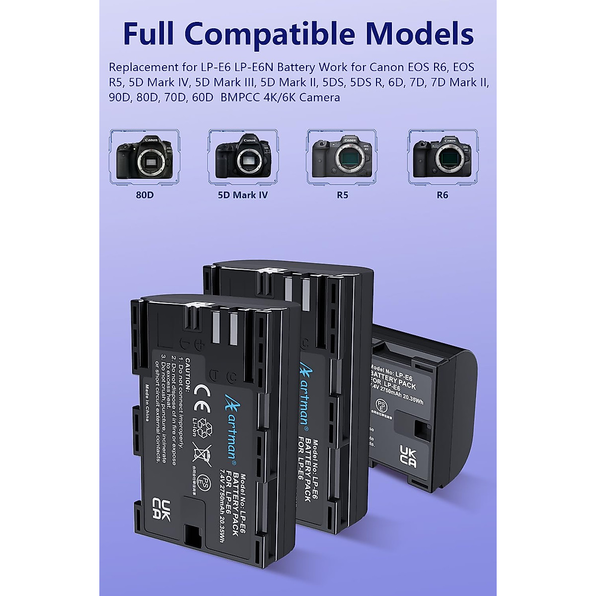 Artman 3-Pack 2750mAh LP-E6 LP-E6N Batteries and 3-Slot LCD Charger Compatible With Canon EOS R6 R5 R 90D 80D 70D 60D 60DA 6D 6D Mark II 5D Mark II/III/IV 5DS 5DS R 7D 7D Mark II XC15 XC10 BMPCC 4K/6K