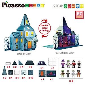 PicassoTiles Haunted House Theme Magnet Tile Building Blocks 8 Action Figures Magnetic Construction Toy Double Sided Printing Education STEM Learning Playset Halloween Adventure Kid Ages 3+ PTQ03