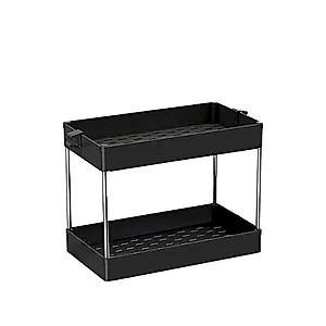 Under Sink Organizer, 2 Tier Bathroom Organizer with 4 Hooks, Multi-purpose Under Sink Storage,Countertop Storage Shelf Holder, Kitchen Spice Rack, Under Sink Storage for Bathroom Kitchen (Black)