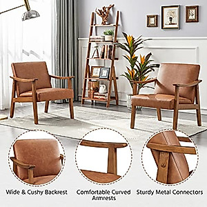 Yaheetech PU Leather Accent Chair, Mid-Century Modern Armchair with Solid Wood Legs, Reading Leisure Chair with High Back for Living Room Bedroom Waiting Room, Light Brown 1