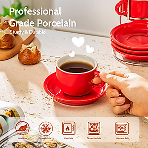 Sweese 8 Ounce Porcelain Stackable Cappuccino Cups with Saucers and Metal Stand - for Specialty Coffee Drinks, Cappuccino, Latte, Americano and Tea - Set of 4, Red