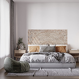 California King Low Profiled Headboard, Rectangle Wall Mounted Bed Head, Hand Carved Reclaim Teak Wood Panels, Whitewash, 72 inches