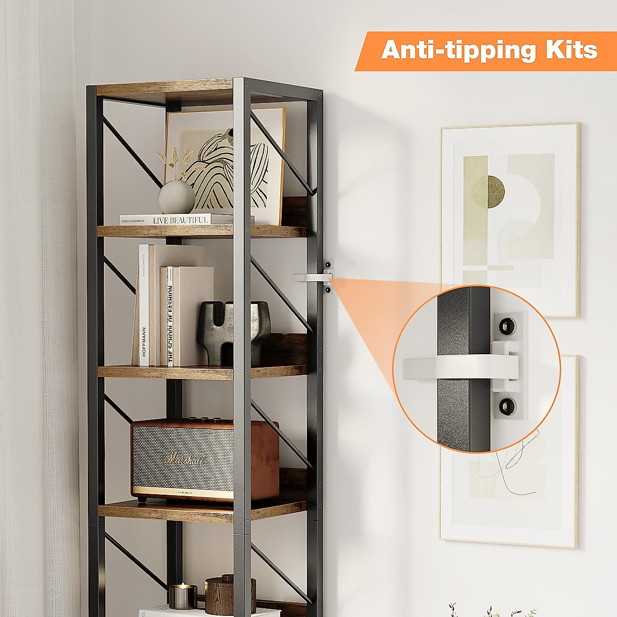 IDEALHOUSE Bookshelf Narrow Bookcase Tall Skinny Storage Rack Shelf 6 Tier Standing Bookshelves Metal Frame Rustic Display Racks Industrial Book Shelf for Bedroom, Living Room, Home Office