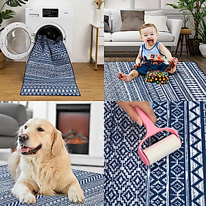 Fashionwu Boho Rug Large Washable Rug Area Rug 8 x 10 with Non Slip Backing for Dining Room, Bedroom, Navy Blue Rug Low-Pile Rug Non-Shedding Rugs for Living Room Home Office Area Rug, Blue and White