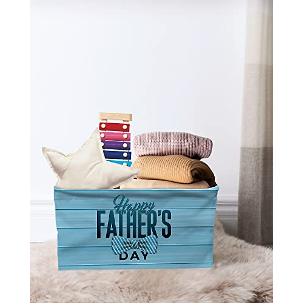 Storage Bin Foldable Storage Basket Happy Father's Day Bow Tie Blue Stripes,Large Storage Bins Handles Storage Baskets for Organizing,Farm Gradient Wood Grain Collapsible Storage Cubes Organizer 25L