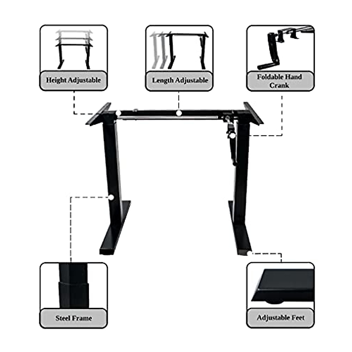 ErgoMax Adjustable Crank Desk Frame, Tabletop Not Included, 48.56 Inch Max Height, Black