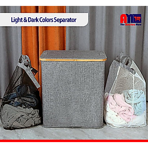 AM The America Store - Double Laundry Hamper with Lid, Divided Laundry Hamper with Removable Bags, 2 Section Dirty Clothes Basket with Handles for Bathroom, Bedroom & Laundry Room, 150L (GREY)