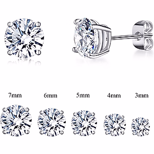 18K White Gold Plated Stud Earrings 4 Prong Round Cut Brilliant 3-7mm Cubic Zirconia Earring Studs (5 Pairs)