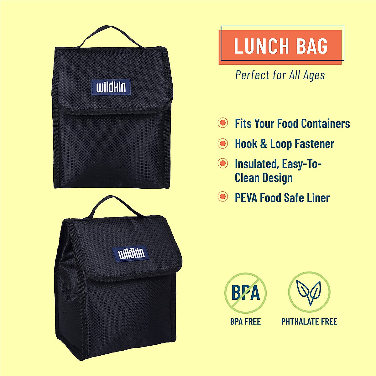 Wildkin Kids Insulated Lunch Bag for Boys & Girls, Reusable Lunch Bag is Perfect for Daycare & Preschool, Ideal Size for Packing Hot or Cold Snacks for School & Travel Lunch Bags (Rip-Stop Black)