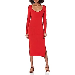 The Drop Women's Cameron Ribbed Sweetheart Neckline Midi Sweater Dress, Lava red, M