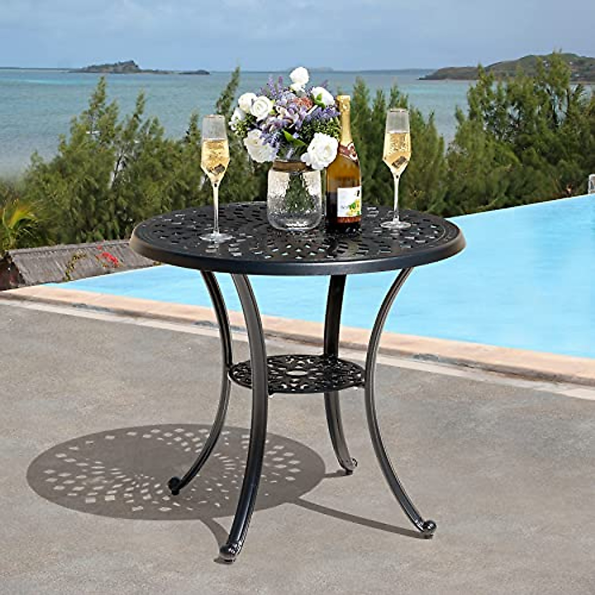 Nuu Garden 31 Inch Patio Dining Table, Cast Aluminum Patio Table with Umbrella Hole, Round Outdoor Bistro Table for Backyard, Garden, Patio, Porch, Black with Antique Bronze Edging