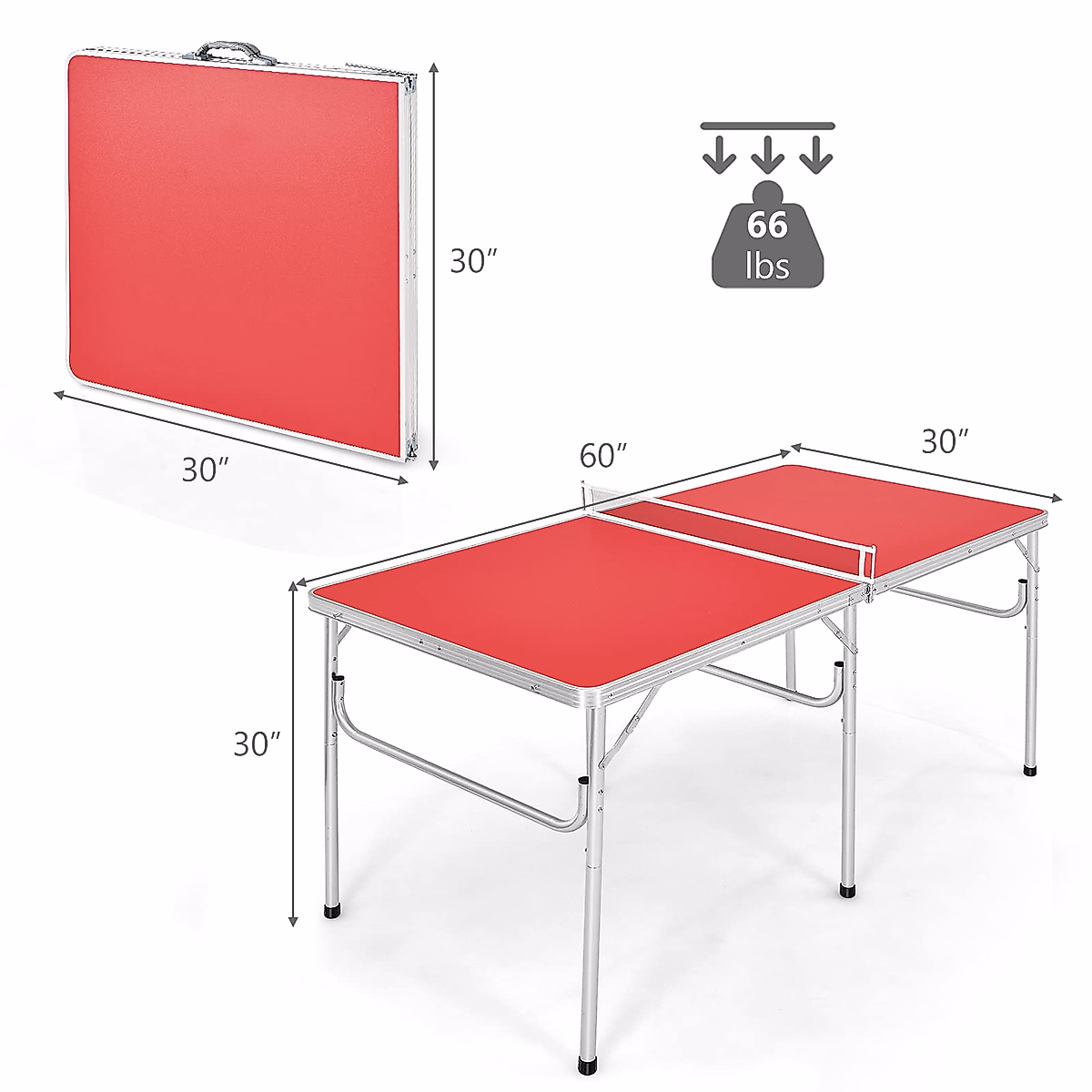 Goplus Foldable Ping Pong Table, 100% Preassembled, Portable Table Tennis Table Game Set with Net, 2 Table Tennis Paddles and Ping Pong Balls for Indoor Outdoor Use (Red-60'')