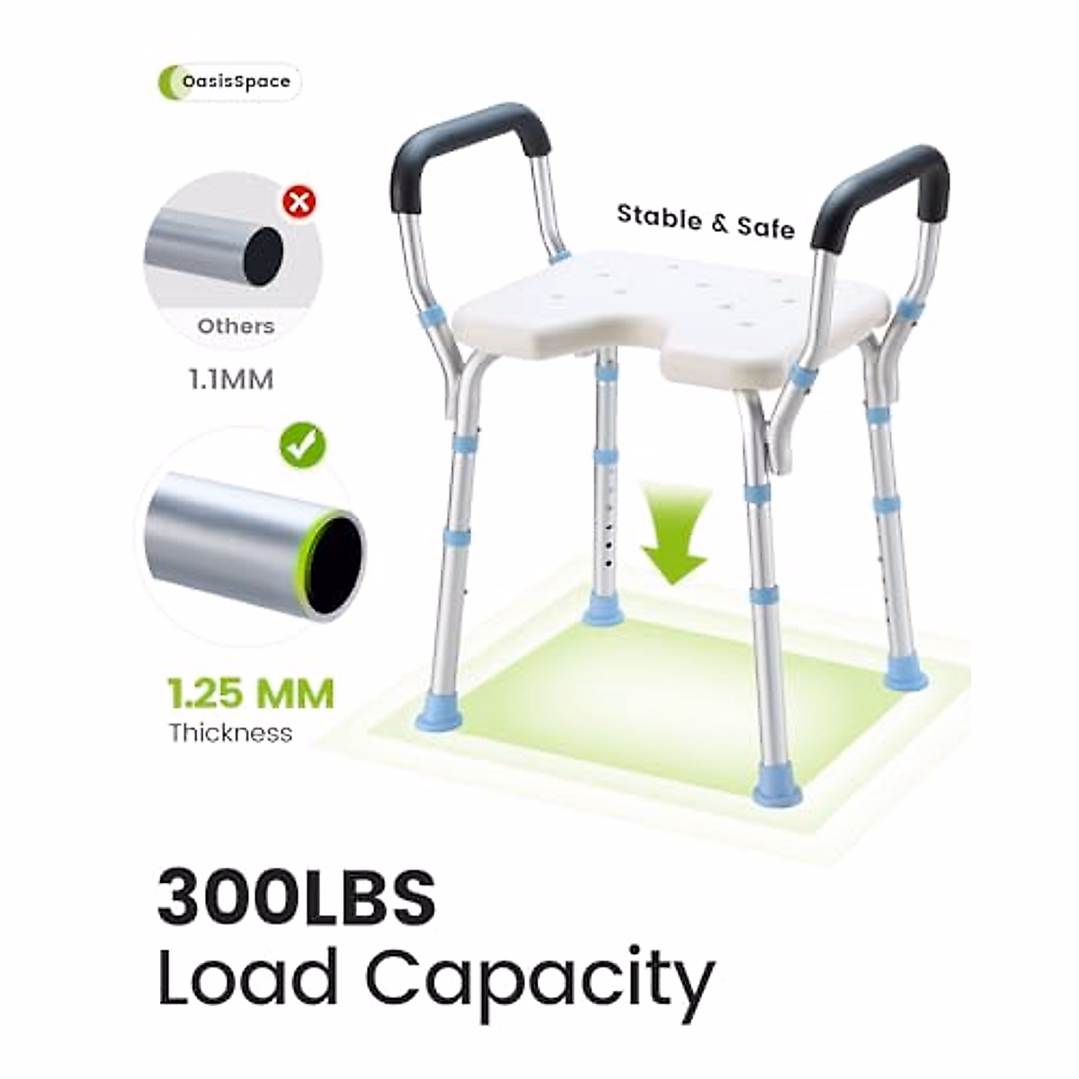 OasisSpace Adjustable Shower Chair with Arms for Inside Shower, Heavy Duty Shower Bench with Cutout Seat 300lbs, Medical Tool Free Bathtub Stool for Seniors, Elderly, Handicap, Disabled
