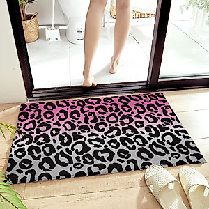 Door mat Floor Door Mats gy Carpet Black Leopard Animal Skin Texture,Non Slip Soft Bath Rug Pink Gradient Back,Fuzzy Area Cushion for Kitchen/Bedroom/Bathroom/Living Room 18x30in
