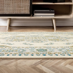 Antep Rugs Alfombras Oriental Traditional 5x7 Non-Skid (Non-Slip) Low Profile Pile Rubber Backing Indoor Area Rugs (Blue Beige, 5' x 7')