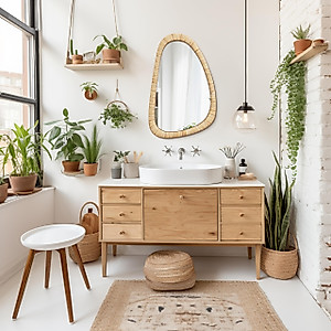 Barnyard Designs Rattan Bathroom Mirror – Rustic Farmhouse Style Handmade Wicker Rattan Frame - Boho Mirror for Nursery Wall Décor (20" x 30", Asymmetrical)