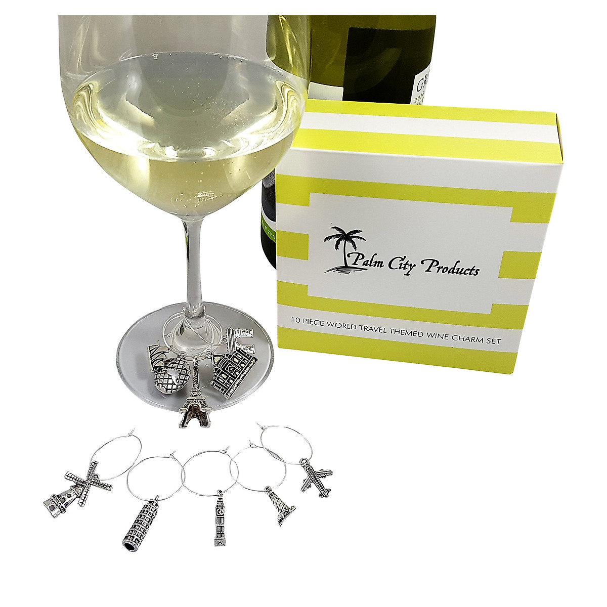 Palm City Products Around the World Wine Charm Set with Food, Wine, and Travel Themed Sets - 28 Piece Bundled Set
