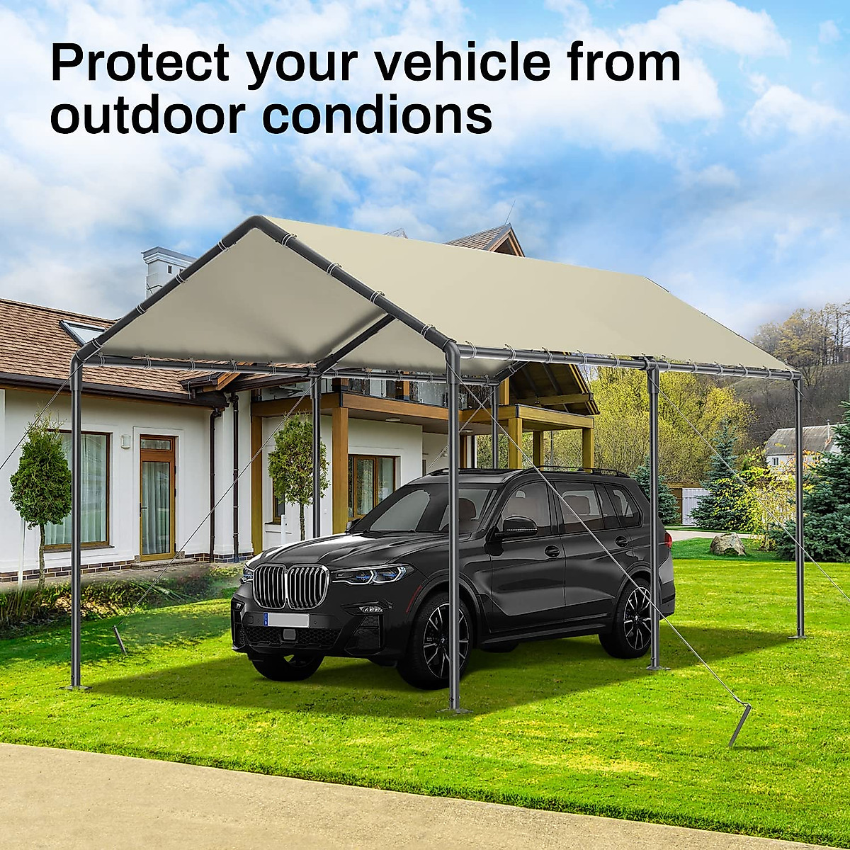 Carport Canopy 10x20 Heavy Duty Metal Carport Waterproof Carport Garage Tent Outdoor for Car Tuck Boat SUV Auto, Beige