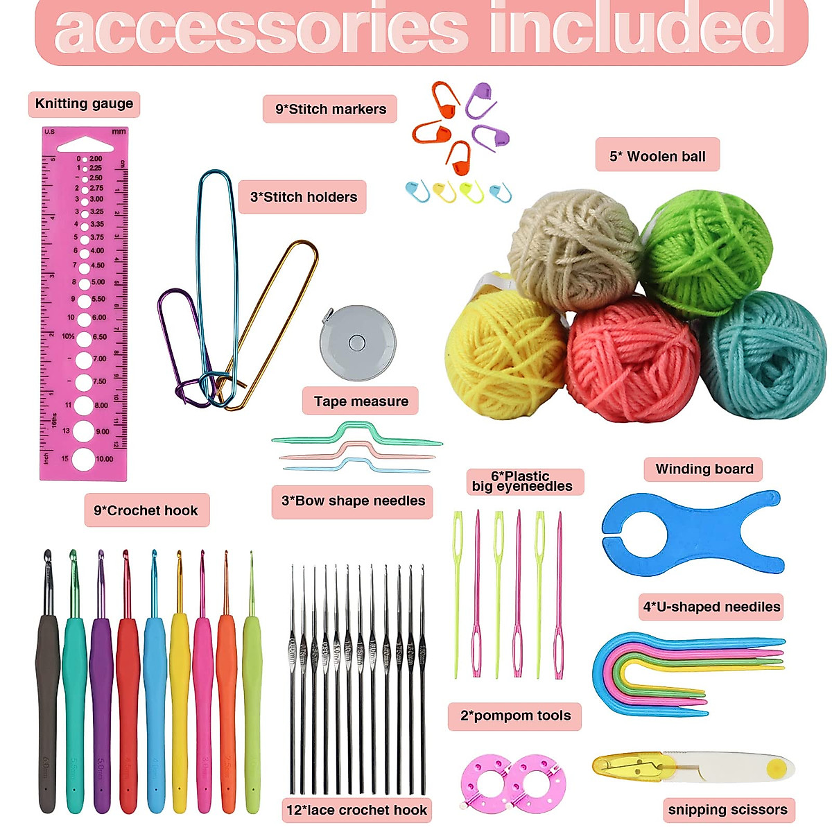 58 Pcs Crochet Set Kit, Crochet Kit for Beginners Adults, Travel Crochet Hook Case, Including Different Crochet Hooks and 5 Color Yarn Balls, Knitting Kit Crocheting Kit, Knitting and Crochet Supplies