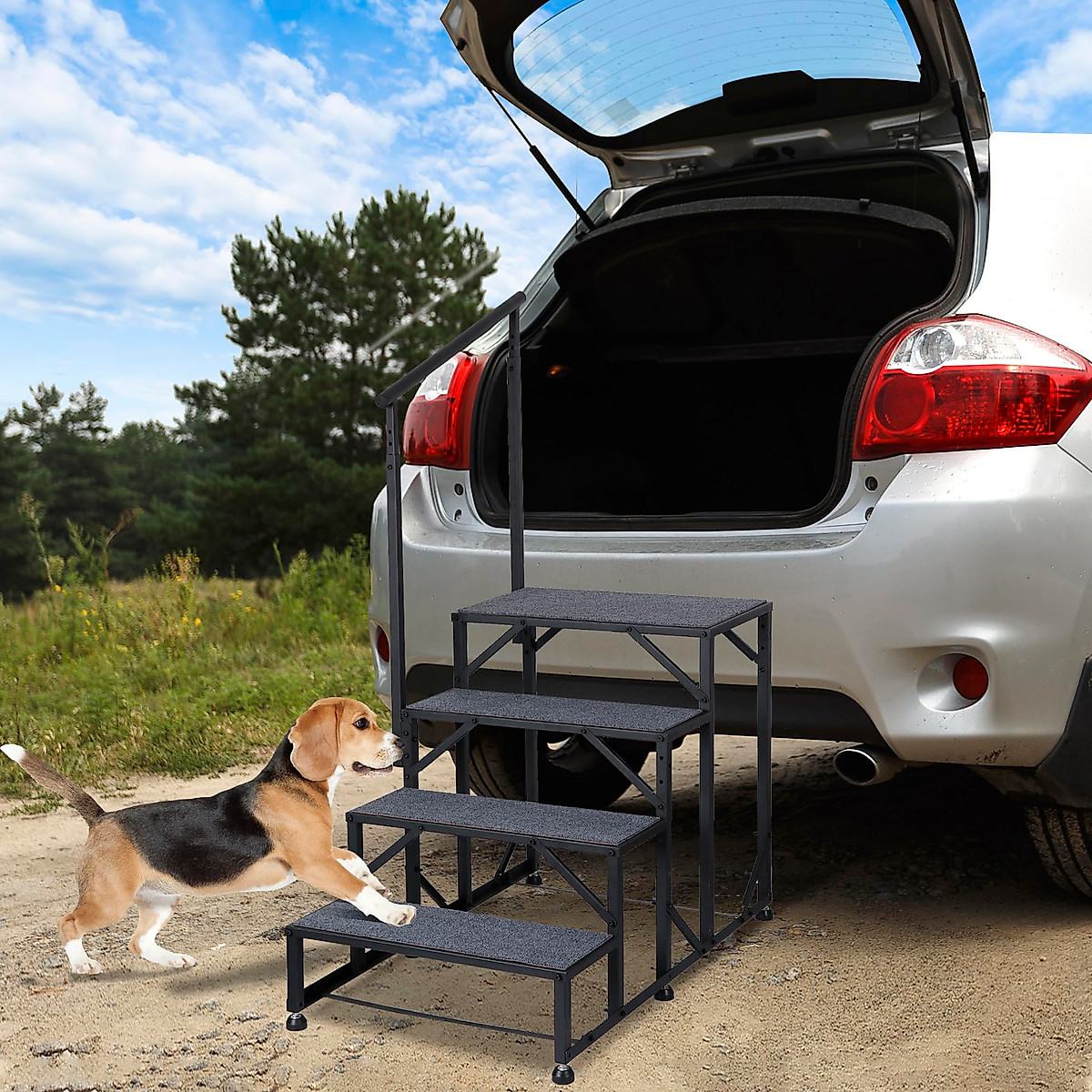 Toriexon RV Stairs Handrails Ladder w/Step Cover, 4 Step 5th Wheel Stair Hot Tub Steps with Handrail, Economy Universal Mobile Home Steps with Handrail and Platform for Outdoor