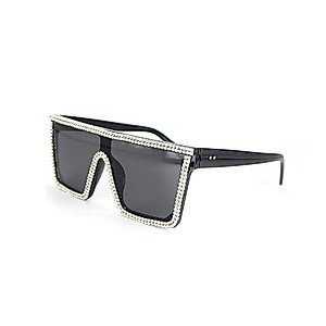 FUPRECIOUS Oversized Square Sunglasses For Women Men Bling Rhinestone Flat Top Shades (black)