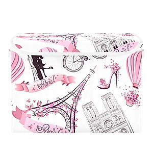 MFTJYO Storage Bin with Lid Paris Eiffel Tower Theme Foldable Storage Box Washable Fabric Storage Cubes Bin Organizer Basket Closet for Home Bedroom Closet Nursery Office
