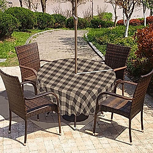 Lirduipu Brown Plaid Pattern Round Outdoor Tablecloth,Outdoor and Indoor Round Tablecloth with Umbrella Hole and Zipper,for Umbrella Table Patio Garden(52" Round,Pale Sepia Dark Taupe)