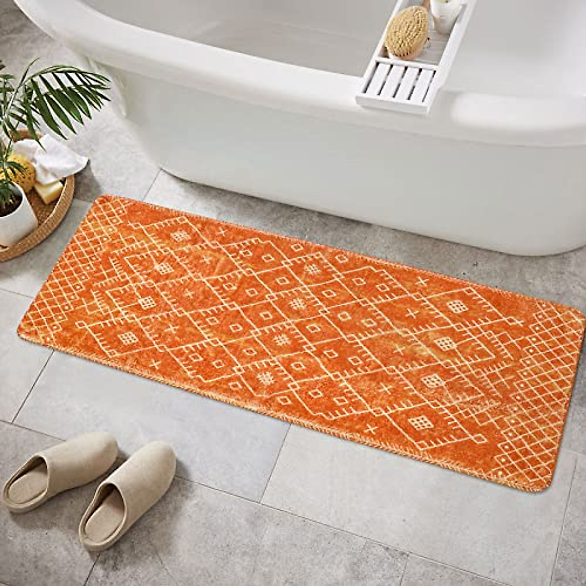 Uphome Bathroom Runner Rug 18x47 inch Long Boho Bath Mat Non-Slip Moroccan Farmhouse Orange Bath Rug Soft Velvet Machine Washable Bathroom Mats for Tub Sink Shower