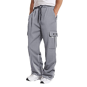 GYMBULLFIGHT Men's Cargo Sweatpants Loose Fit Pants Joggers for Men with Pockets, Open Bottom Drawstring Grey