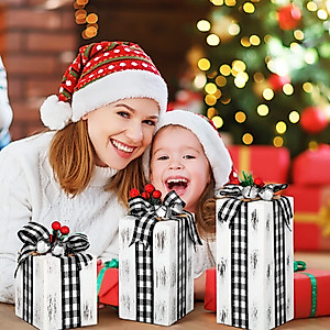 Amyhill 3 Pcs Christmas Wooden Gifts Box Decor Christmas White Black Plaid Presents Table Centerpieces Rustic Wooden Gifts Tiered Tray Decor with Buffalo Plaid Bowknot for Xmas Party Decor