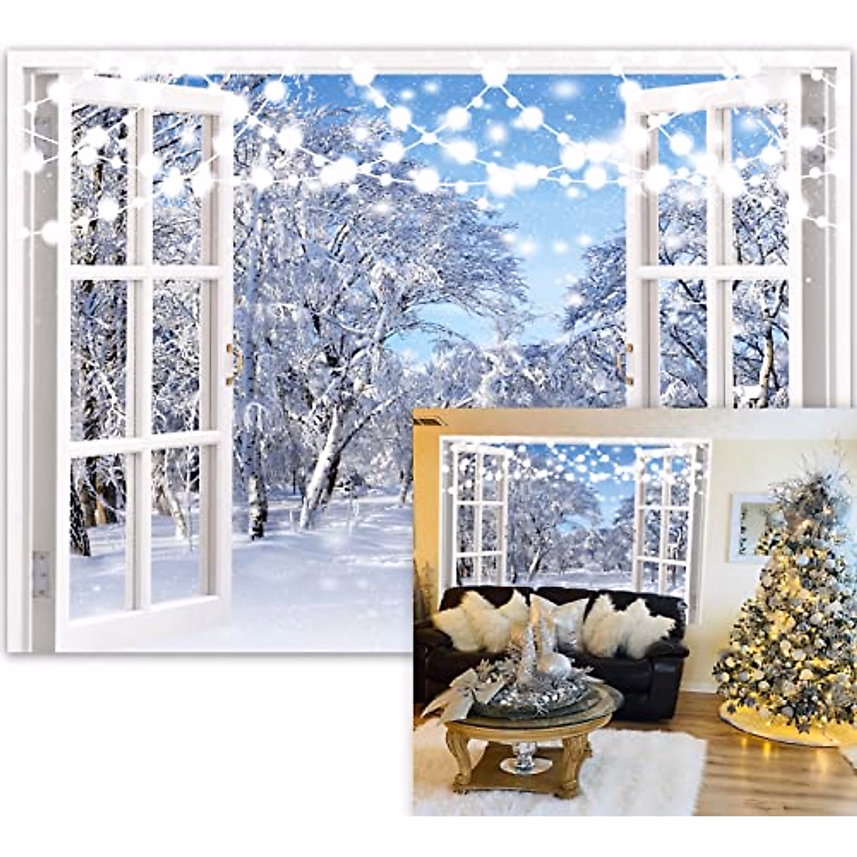 BINQOO 7x5ft Winter Landscape Window Photography Backdrop Christmas Snow Trees Scenery Background Baby Shower Kids Birthday Party Portrait Photo Studio Props