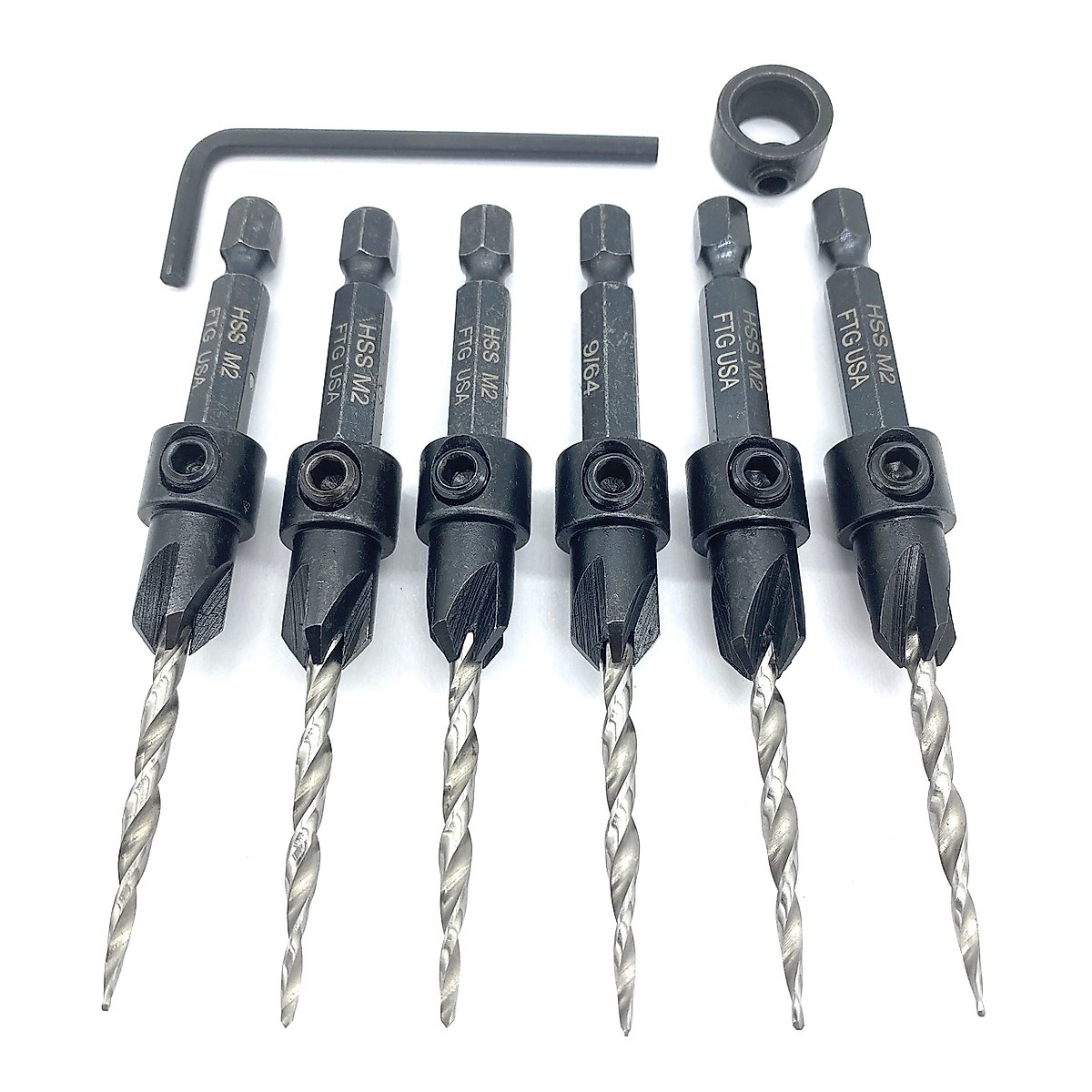 FTG USA Countersink Drill Bit Set 6 Pc #6 (9/64") Wood Countersink Drill Bit Pro Pack Countersink Set, with 3 Replacement Tapered Countersink Bit #6(9/64"), 1 Stop Collar, Hex Wrench