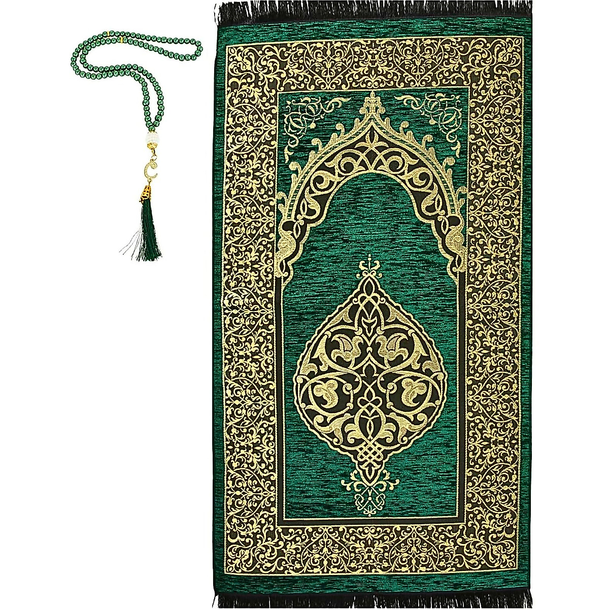 Prien Prayer Rug with Tasbih | Muslim Carpet | Praying Mat with Prayer Beads | Islamic Gifts for Women Men | Islam Portable Pray Set for Travel Kids Ramadan Namaz Hajj Umrah (Green)