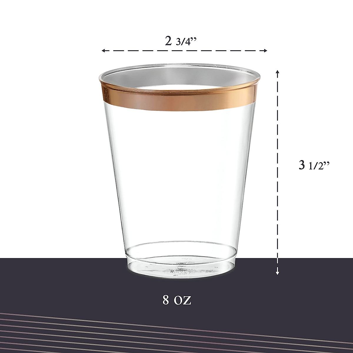 PLASTICPRO Disposable 8 oz Crystal Clear Plastic Tumblers With Rose Gold Rim for Party's & Weddings pack of 50
