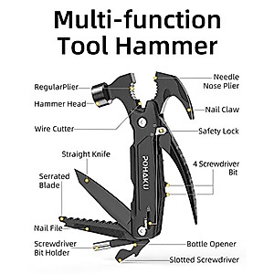 14-in-1 Multitool Hammer, Pohaku Multitool with DIY Stickers, Safety Lock, Screwdriver Bits Set and Durable Nylon Sheath, Multi Tool for Outdoor, Camping, Ideal Gifts for Father, Husband, Boyfriend
