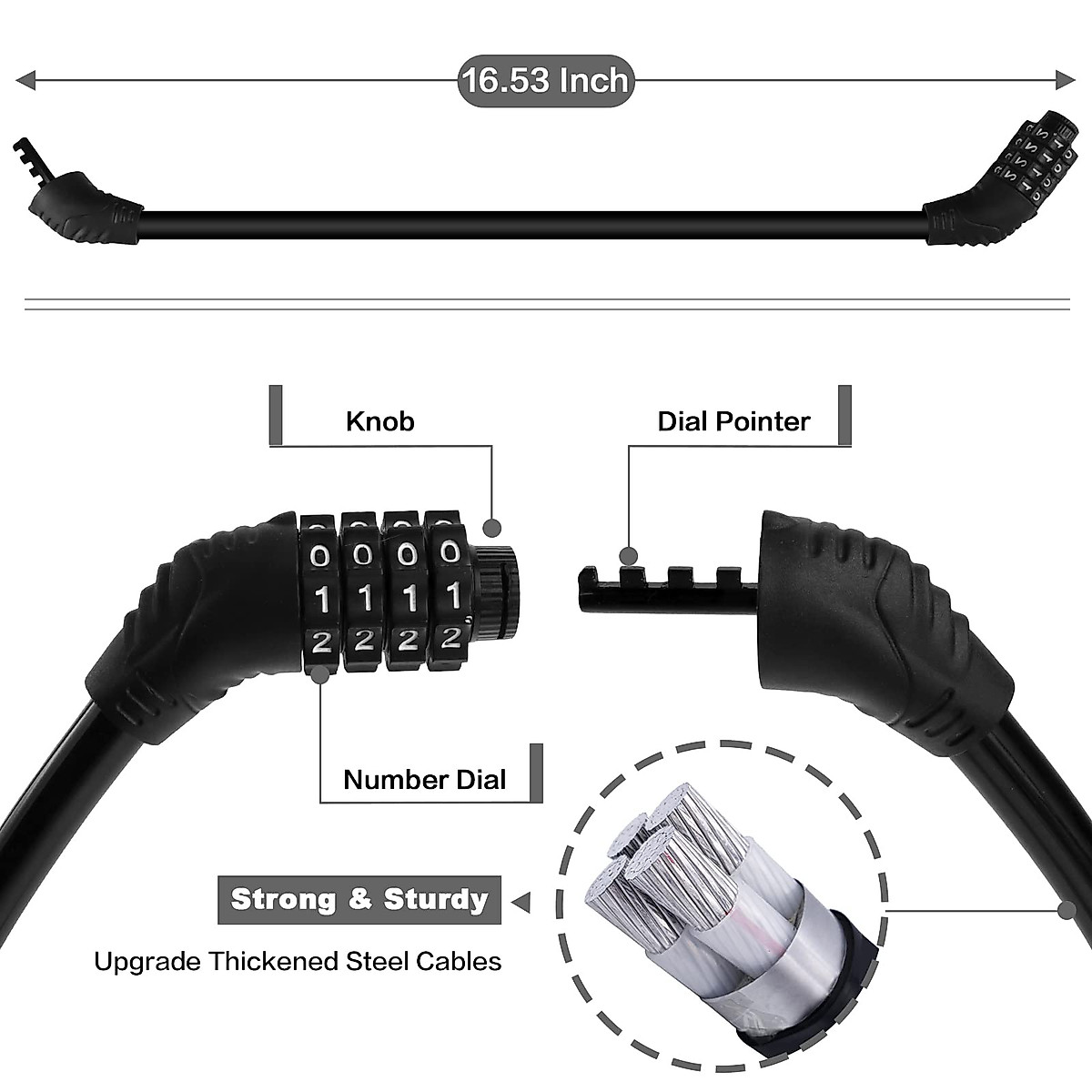 Bike Lock Cable, Bike Accessories, Bike Locks Heavy Duty Anti Theft, Combination Cable Lock for Outdoor Equipment, Black (2Ps, 1Ft, Reset Combo)