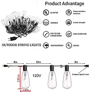 hairmiss 25ft Outdoor Edison Bulb String Lights ST35 Edison Bulbs(Plus 2 Extra Bulbs), UL Listed for Indoor/Outdoor Decor, Perfect for Garden/Backyard/Pergola/Patio/Party (Black)