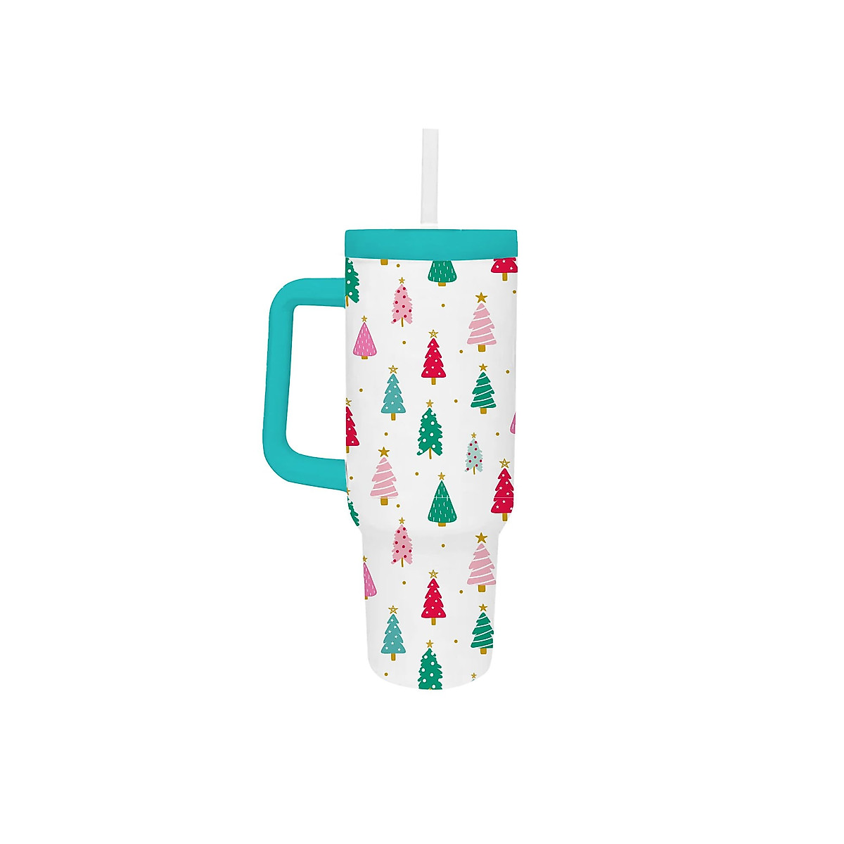 Mary Square 46962 Frosted Forest Christmas Trees Gold Foil Accents 30 ounce Stainless Steel Travel Coffee Water Tumbler with Straw and Handle