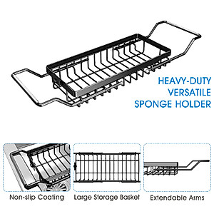 Sink Caddy Sponge Holder Telescopic Kitchen Sink Organizer, Expandable 16.7" to 21" Over The Kitchen Sink Accessories with Dishcloth Towel Holder for Rag Brush Soap Dishwashing Liquid