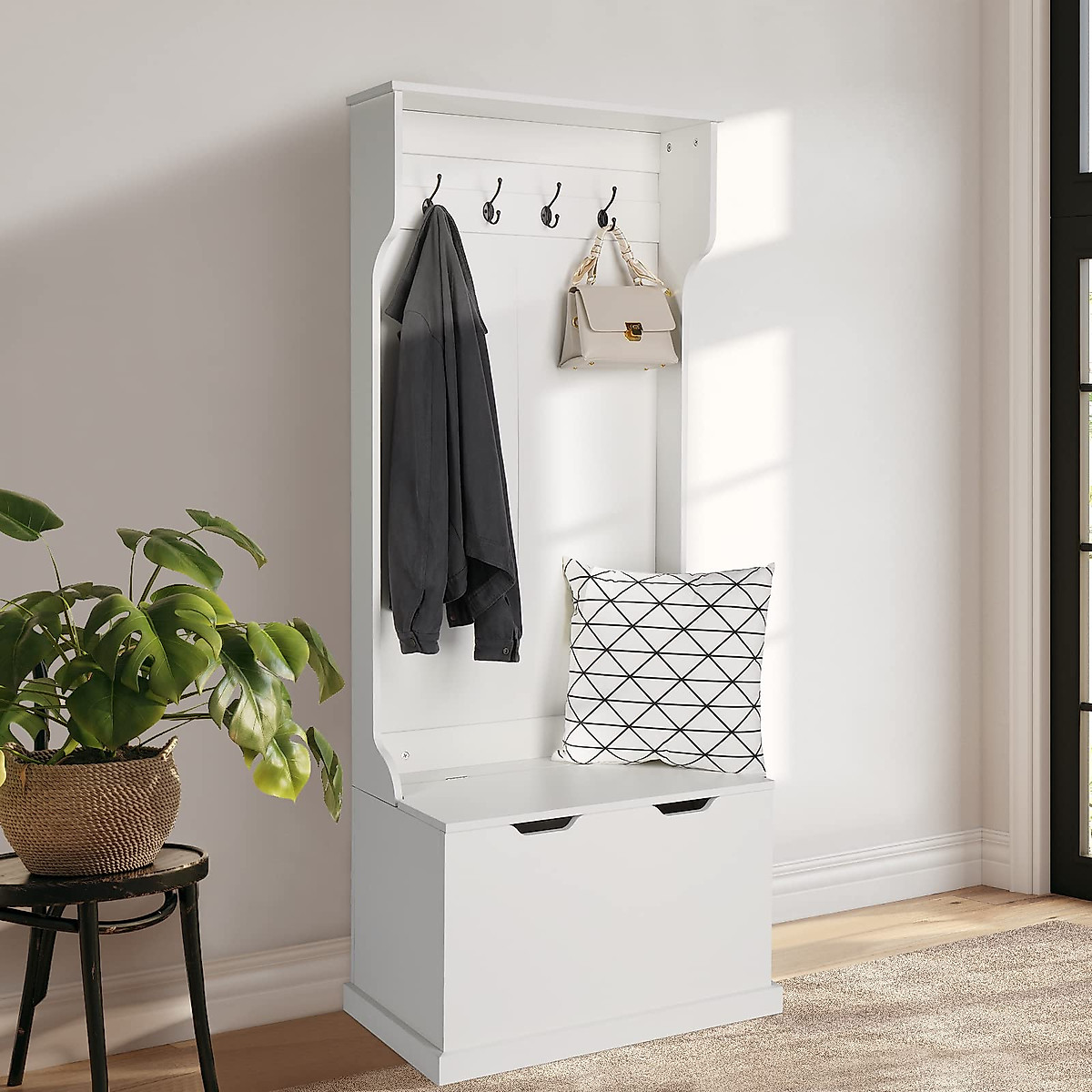 Karl home Hall Tree with Storage Bench, 3-in-1 Freestanding Coat Rack Clothes Stand with 4 Hooks Wooden Flip Cover Seat Space Saving for Bedroom Hallway Livingroom 67" H Simple White