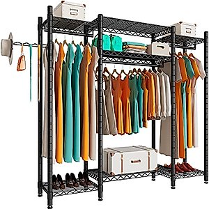 PUNION Clothing Rack Heavy Duty Clothes Rack, L Shaped Pro Garment Rack with 7 Shelves, Sturdy Metal Wardrobe Closet Rack for Hanging Clothes, 56" L x 14" W x 71" H, Max Load 520lbs, Black, GR7L