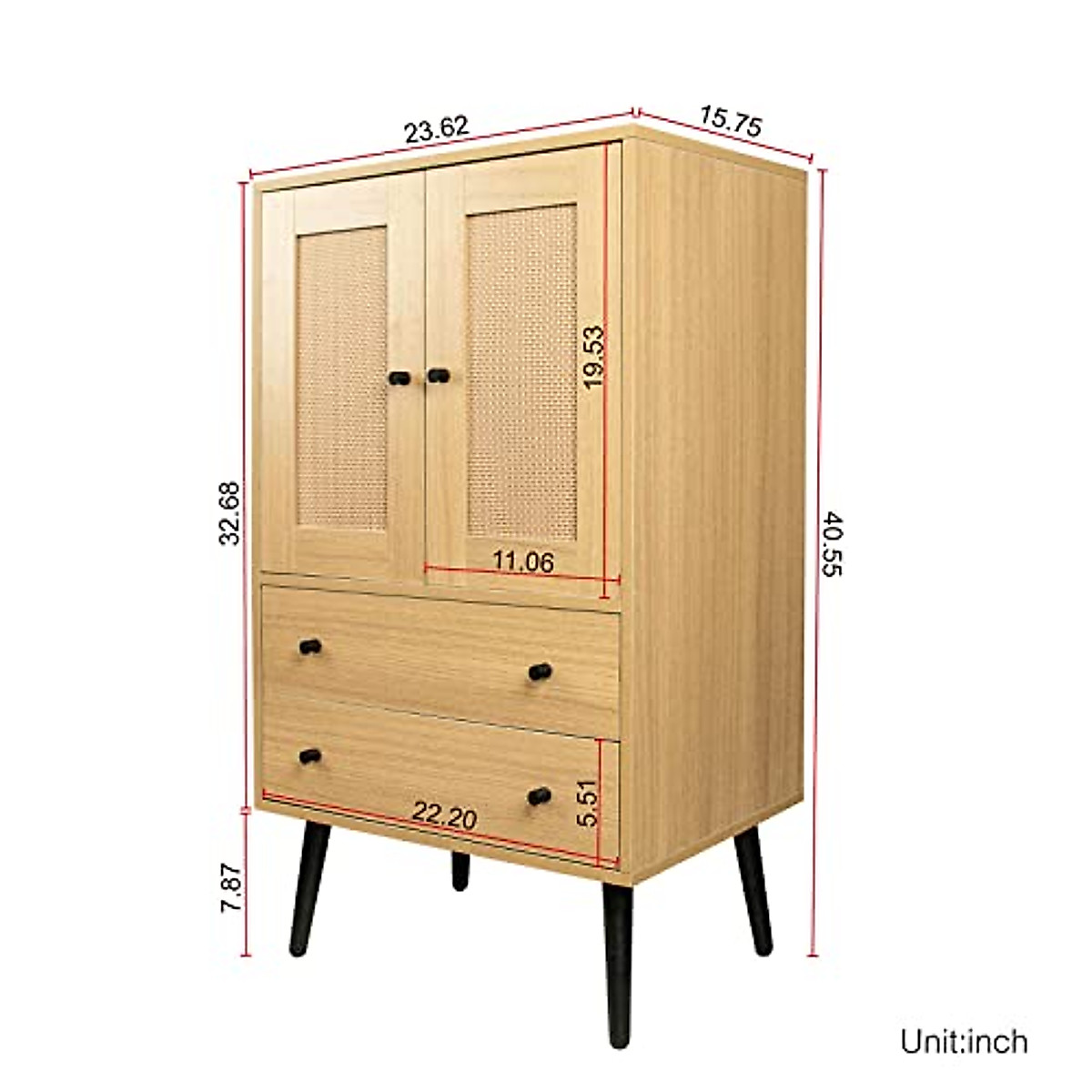 Hcman Sideboard Buffet Cabinet with Storage, Rattan Cabinet with Wooden Legs & 2 Drawers for Entryway, Living Room, Kitchen, Dining Room