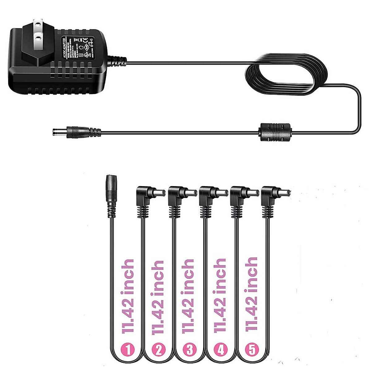Guitar Pedal Power Supply Adapter 9V DC 1A Tip Negative 5 Way Daisy Chain Cables for Electronic Guitar Effect Pedal