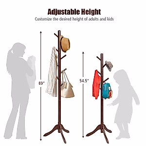 GOFLAME Coat Rack Freestanding, Wooden Entryway Coat Tree Hanger with 8 Hooks and 4 Sections, Height Adjustable Coat Stand for Home Office Hallway Entryway (Brown)