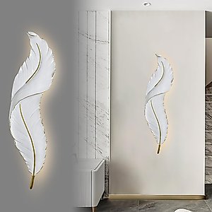 Qepeety LED Wall Lighting White Feather Wall Sconce Lamp 3 Color Temperature & 3 Brightness Level Modern Resin Light Fixtures for Hallway Entryway Living Room (Large)