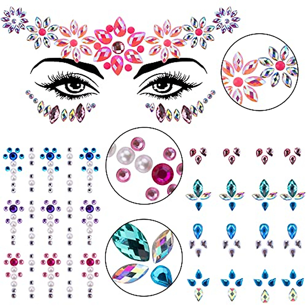 SIQUK 17 Sheet Face Sticker Jewels Eyes Jewel Set with 12 Sheet Mermaid Face Jewels Glitter Face Gems Rhinestone Face Crystal and 5 Sheet Eye Face Body Gems Crystal Tears Jewel for Festival Party