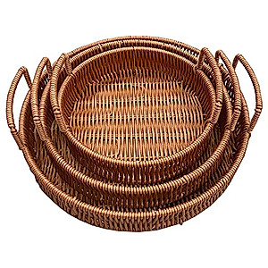 3 Pack Woven Serving Tray with Handles, Imitation Rattan Woven Tray, Hand-Woven Tray,Woven Basket, Storage Basket, Round Double Handle (Imitation Rattan, Brown)