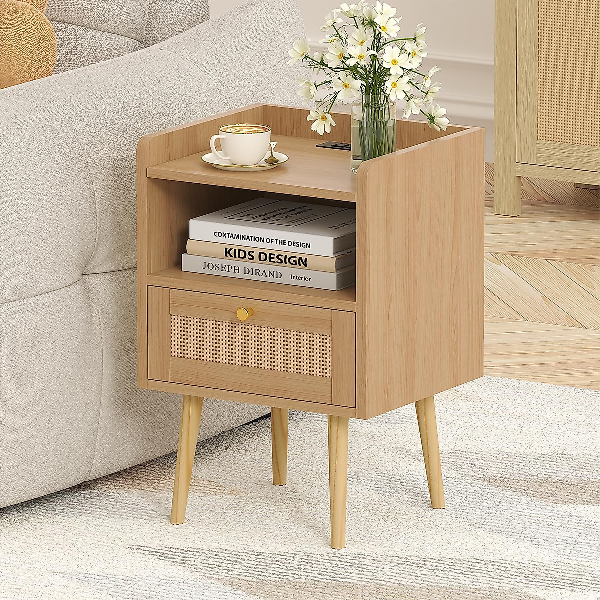 MECHYIN Night Stand Set of 2, Bedside Tables with Charging Station, Rattan End Tables, Boho Bed Side Tables, Wood Nightstands Set of 2 for Farmhouse Bedroom Living Room Dorm Sofa Couch Office Corner