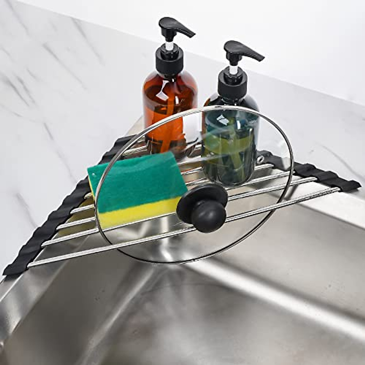 Tomorotec Triangle Roll-Up Dish Drying Rack for Sink Corner Small Foldable Stainless Steel Over The Sink Multipurpose Kitchen Drainer Caddy Trivet Rustproof Organizer Storage Space Saver Shelf (Black)